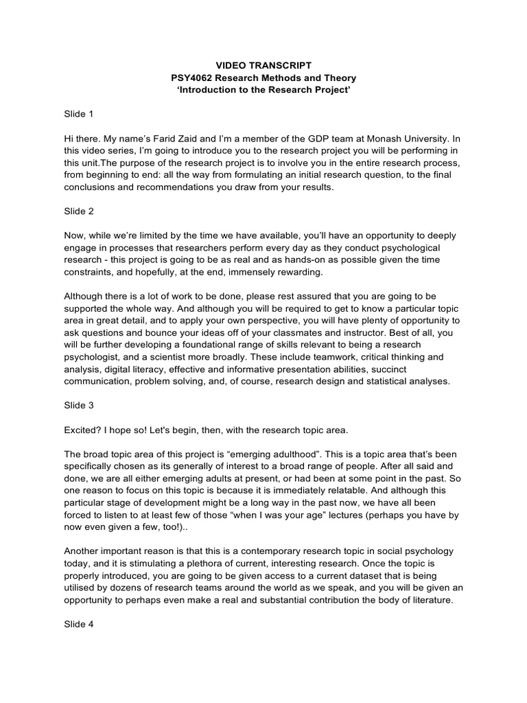 Introduction to the Project Thesis Transcript | PDF | Behavioural ...