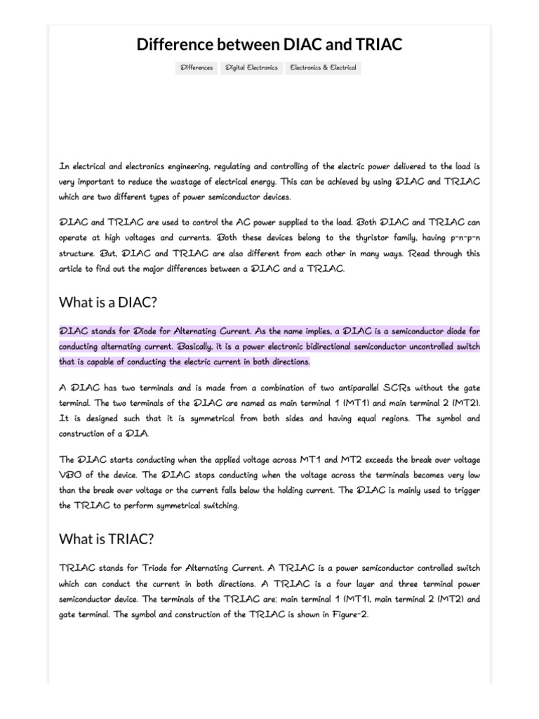 DIAC vs TRIAC: Key Differences Explained | PDF | Semiconductor Devices ...