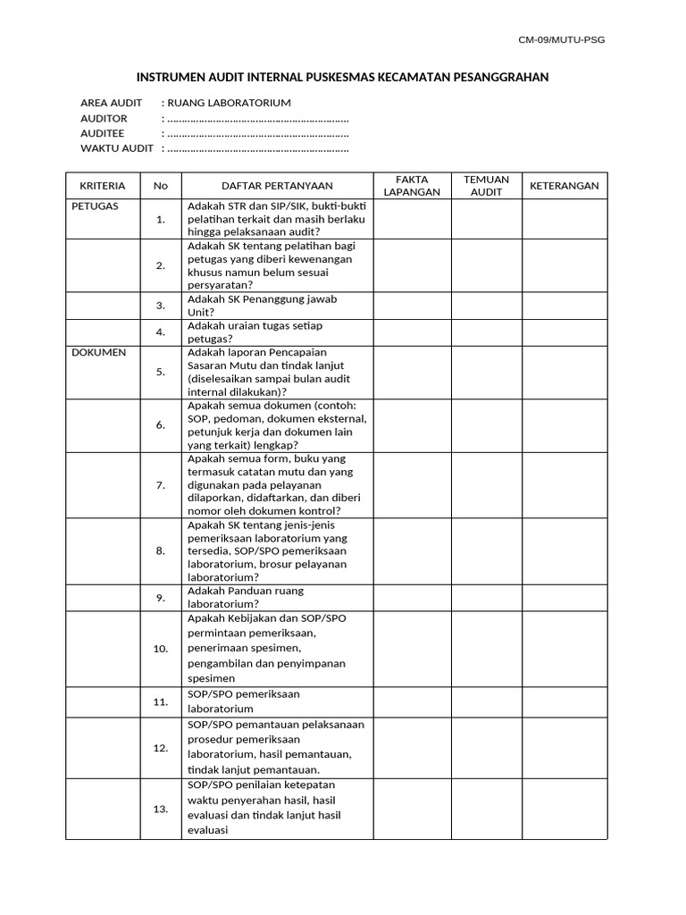 Audit Internal Laboratorium Puskesmas | PDF