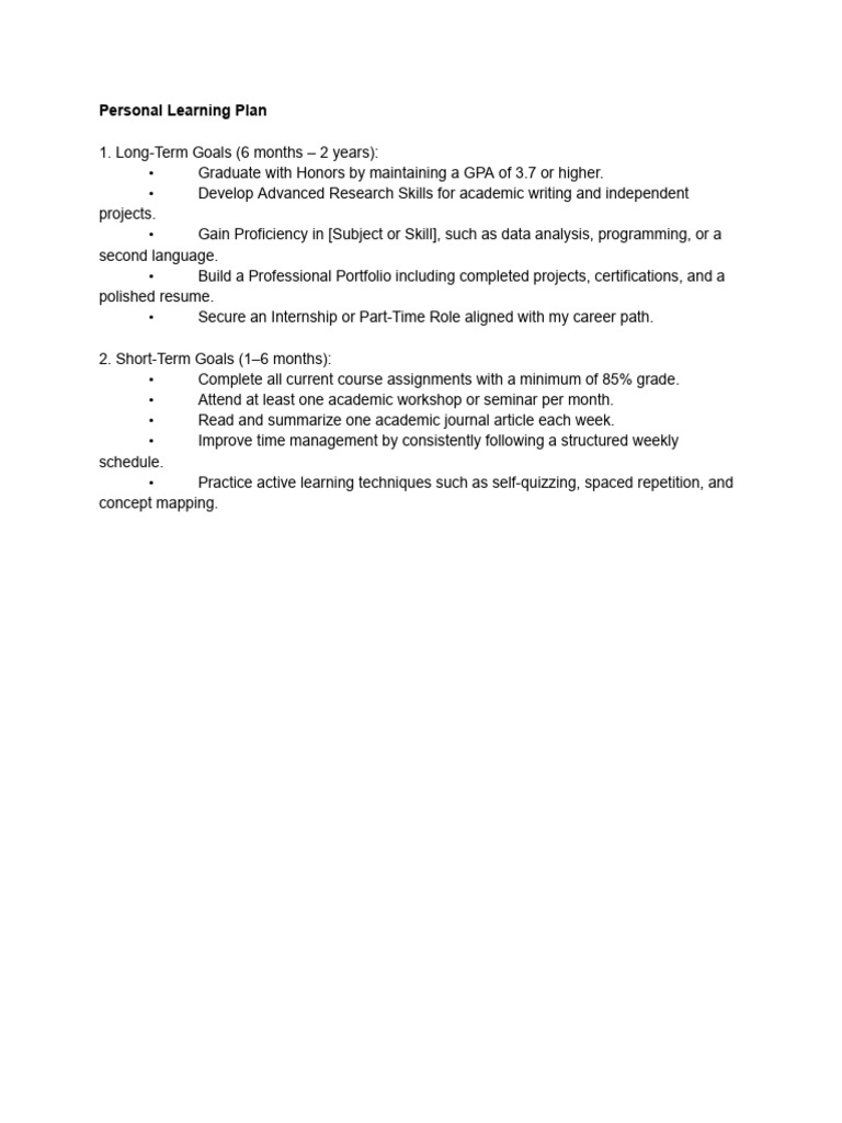 Personal Learning Plan for Academic Success | PDF