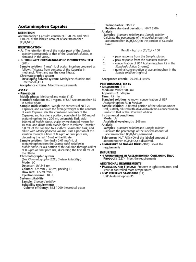 Acetaminophen Capsules Monograph | PDF | Chromatography | Elution
