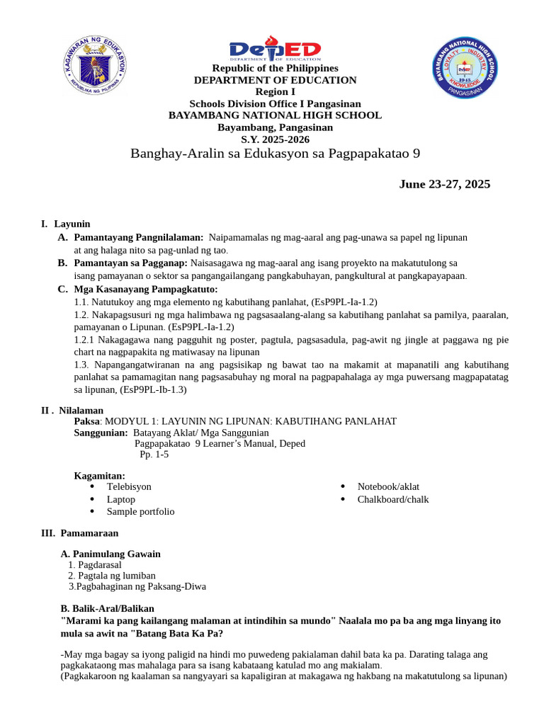 Dlp Esp 9 q1-Week 2 | PDF