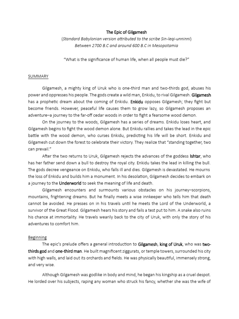 Summary of the Epic of Gilgamesh | PDF | Mythology | Mesopotamian Mythology