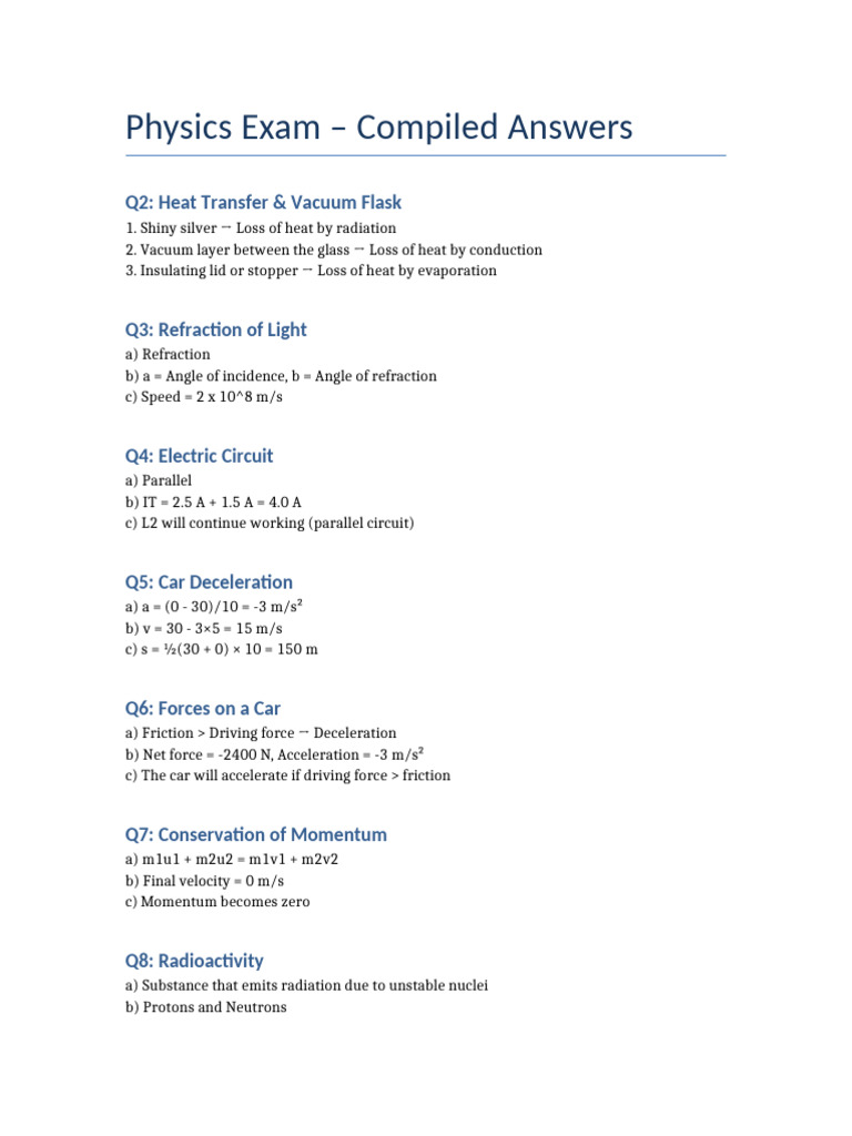 Physics Exam Answers-1 | PDF