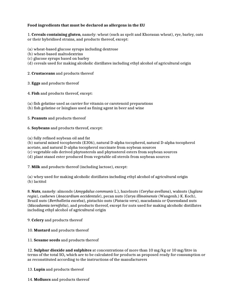 EU Allergen Declaration Requirements | PDF