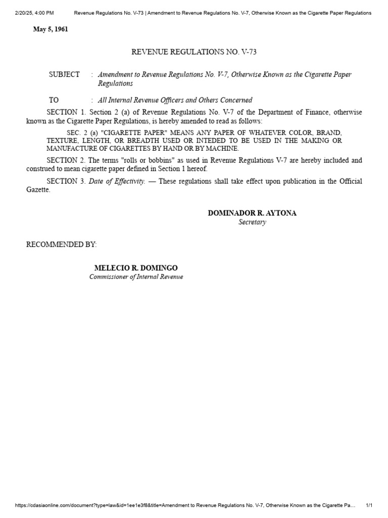 Revenue Regulations No. V-73 - Amendment To Revenue Regulations No. V-7 ...