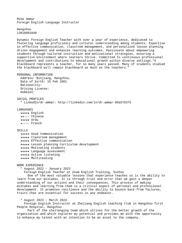 Mike Ammar: Dynamic English Instructor | PDF | Learning | Behavior ...