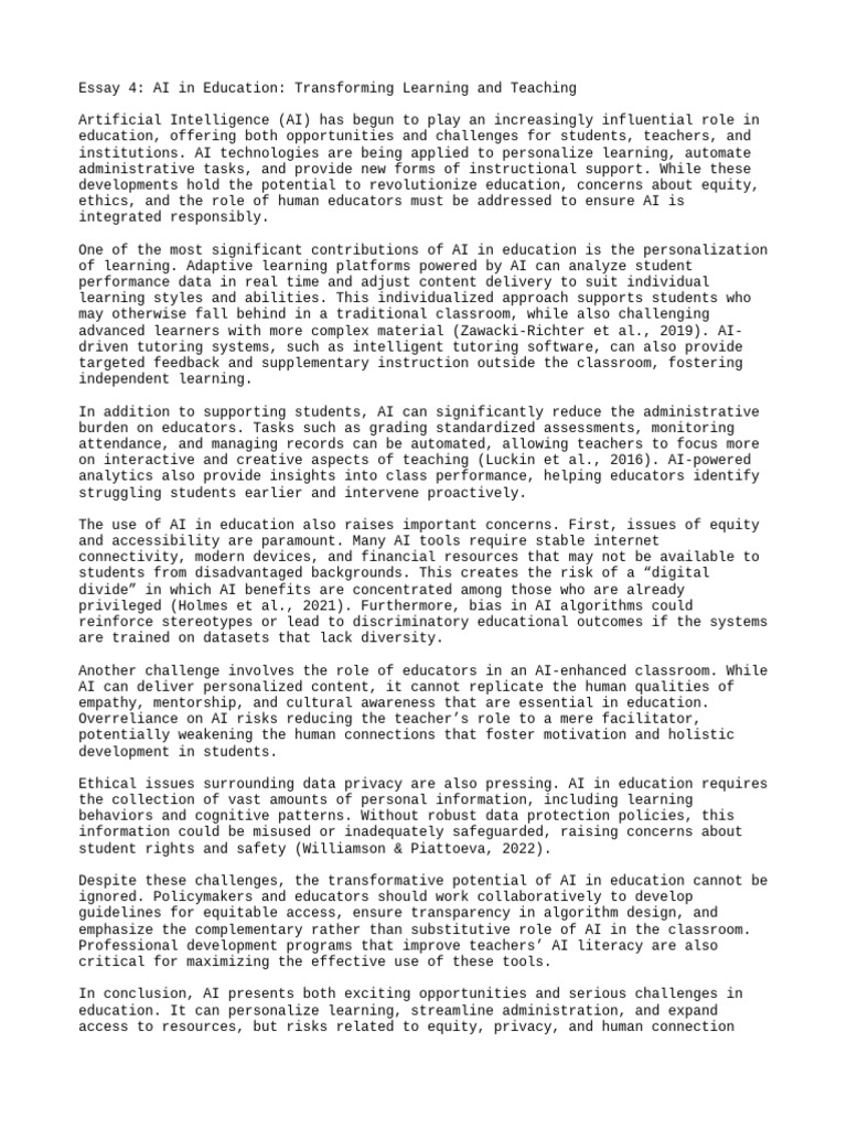 Essay 4 AI in Education Transforming Learning and Teaching | PDF | Artificial Intelligence ...
