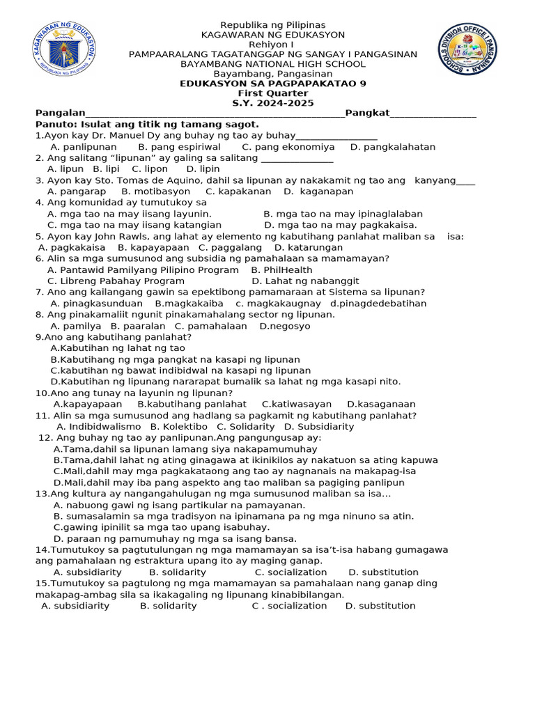 Summative 1st Q2024 2025 | PDF