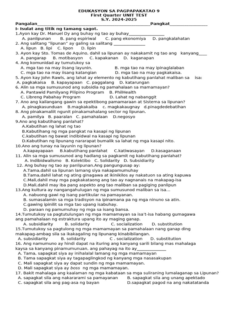 Unit Test 1st Q2024 2025 | PDF