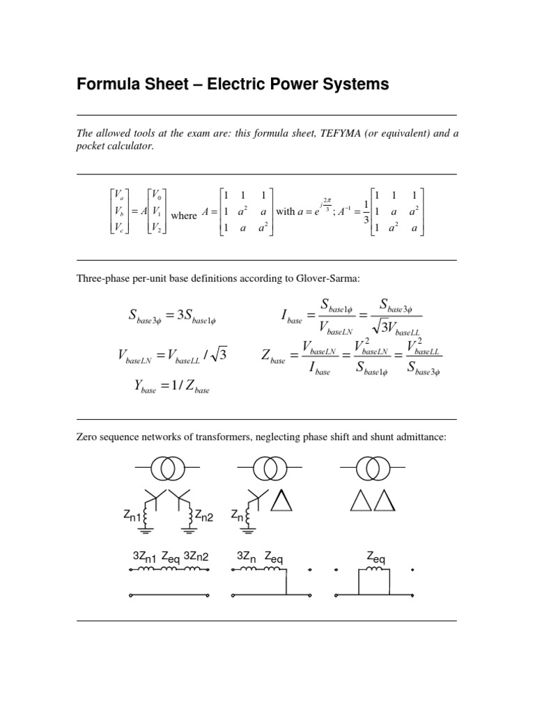Electric Power Systems Formula Sheet | PDF