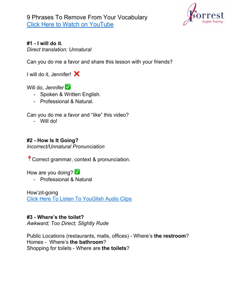 9 Phrases To Remove From Your Vocabulary by JForrest English | PDF ...