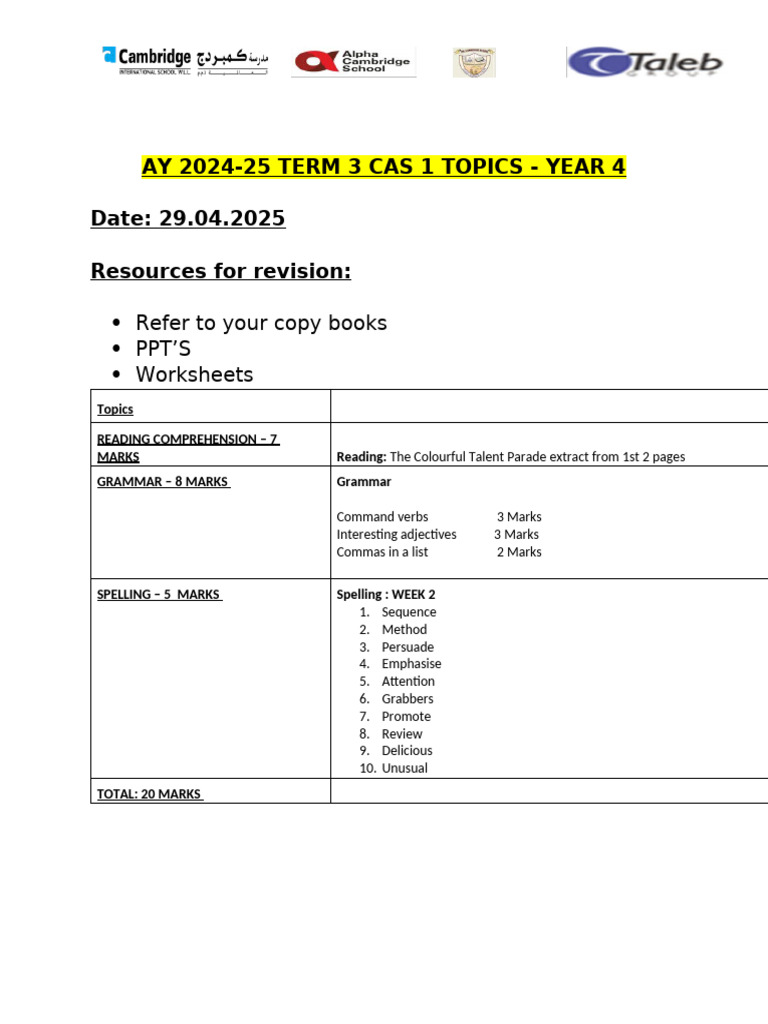 Ay 2024-25 t3 Cas 1 Topics - Y4 | PDF