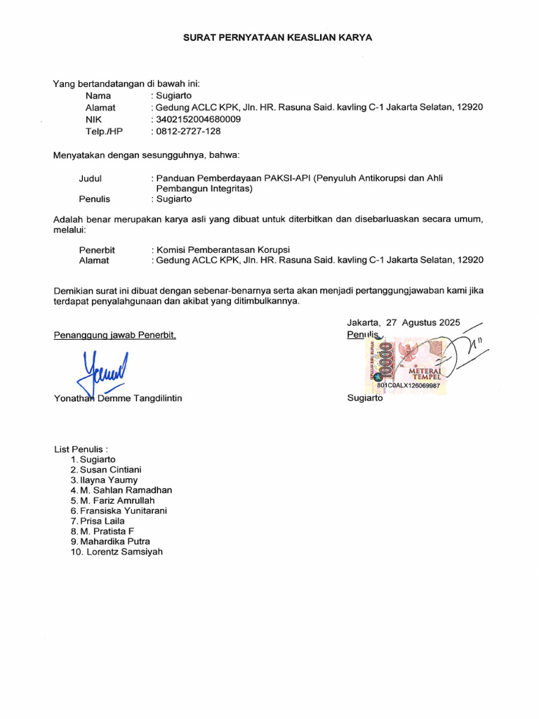 Eksternal - Surat Pernyataan Keaslian Karya | PDF