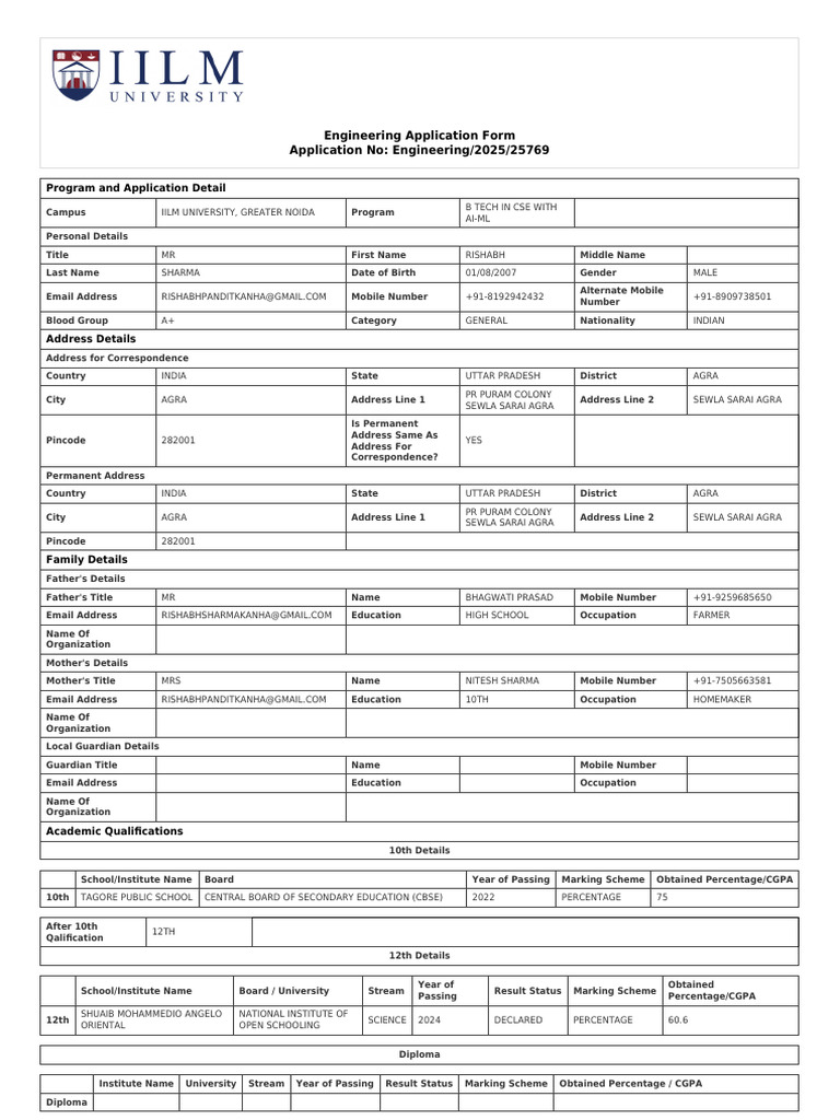 IILM Engineering Application Form | PDF | Educational Stages