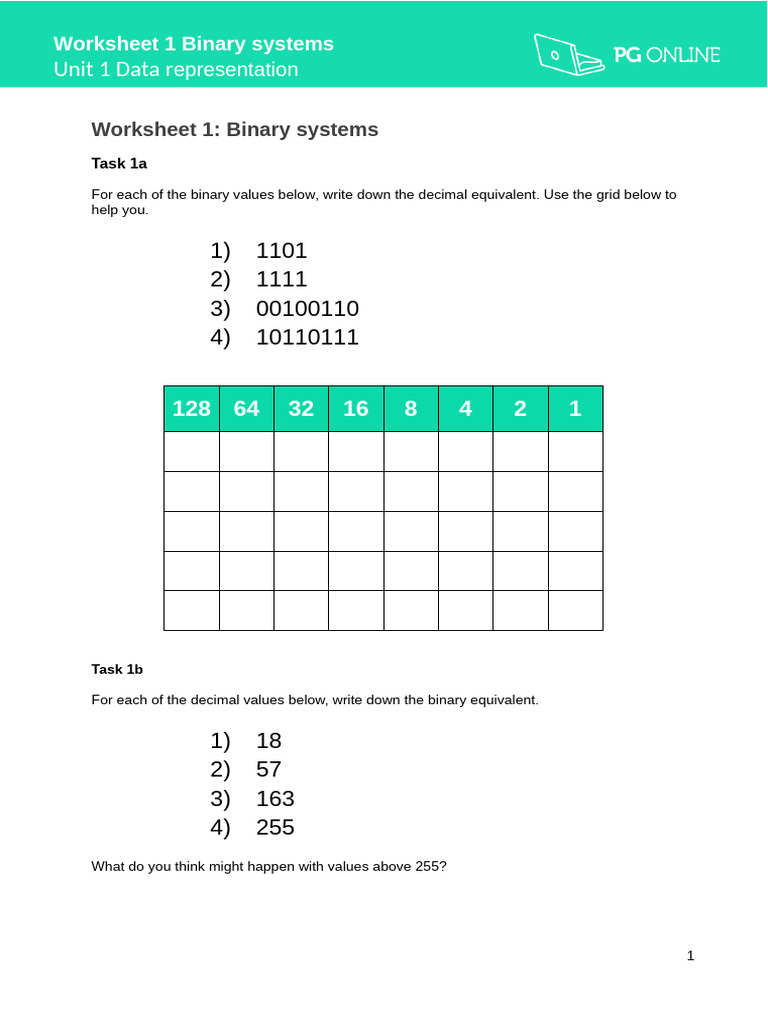 Binary Systems Worksheet for Data Representation | PDF | Decimal ...