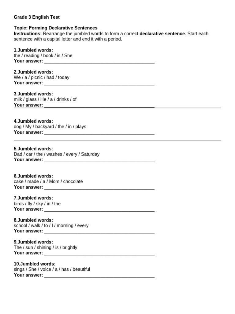 Grade 3 Declarative Sentence Test | PDF