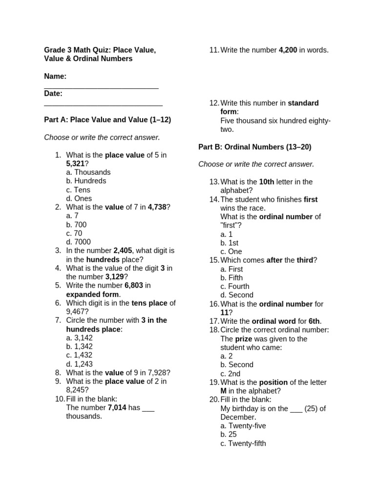 Grade 3 Math Quiz: Ordinals & Place Value | PDF | Chess | Chess Theory
