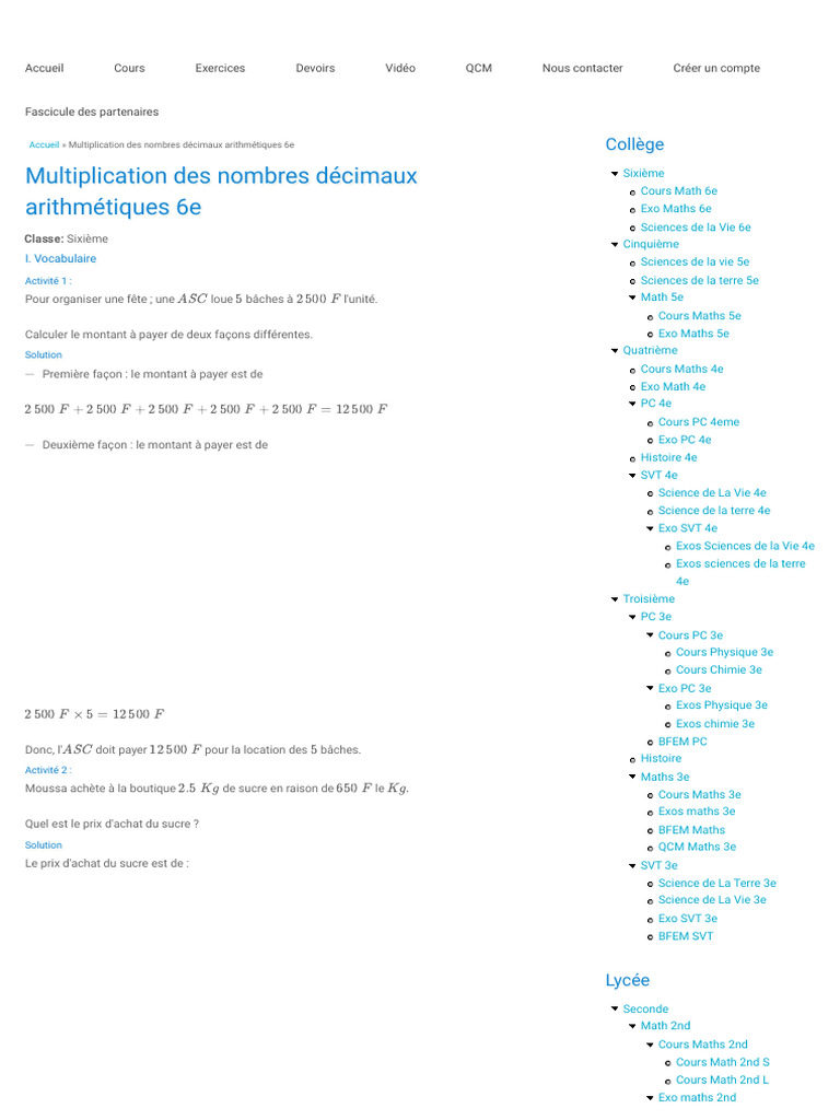 Multiplication des décimaux en 6e | PDF | Multiplication | Théorie des ...
