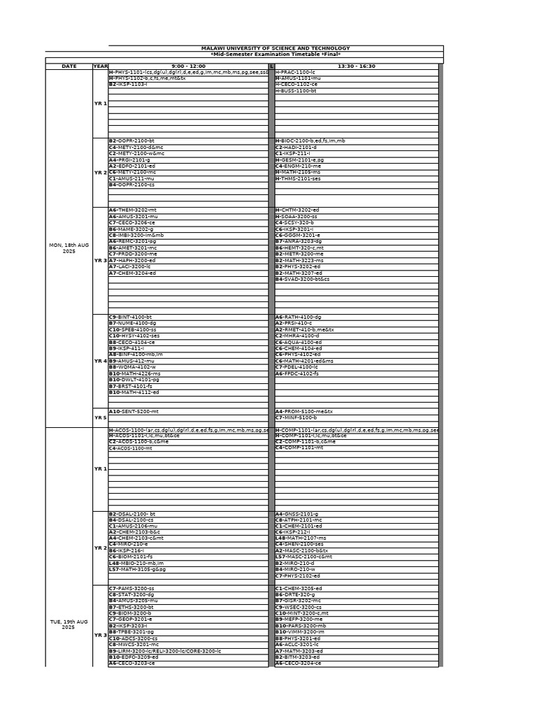 Mid-Semester Examination Final Timetable-Aug 2025 | PDF