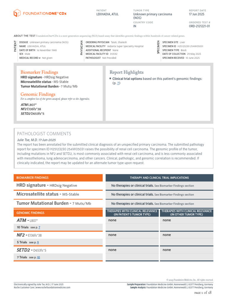 Foundationone CDX Report Atul Lekhadia | PDF | Cancer | Colorectal Cancer