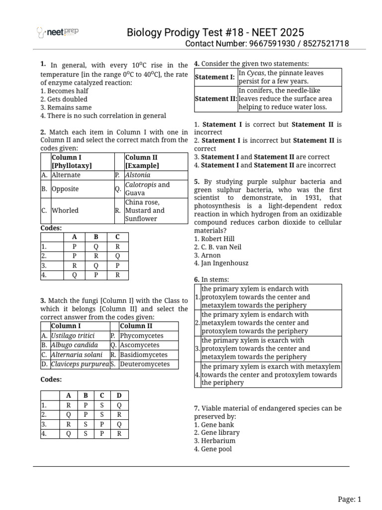 NEET 2025 Biology Prodigy Test 18 | PDF | Agarose Gel Electrophoresis ...