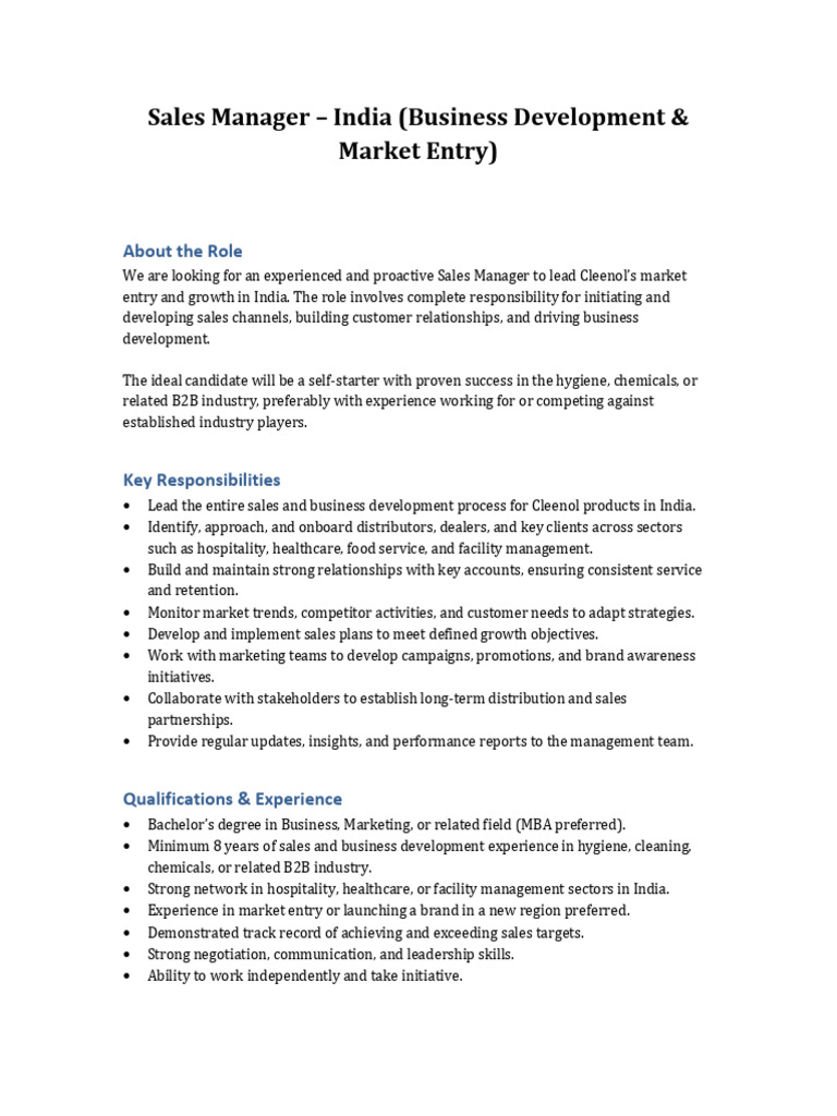 Sales Manager Role for India Market Entry | PDF | Sales | Brand