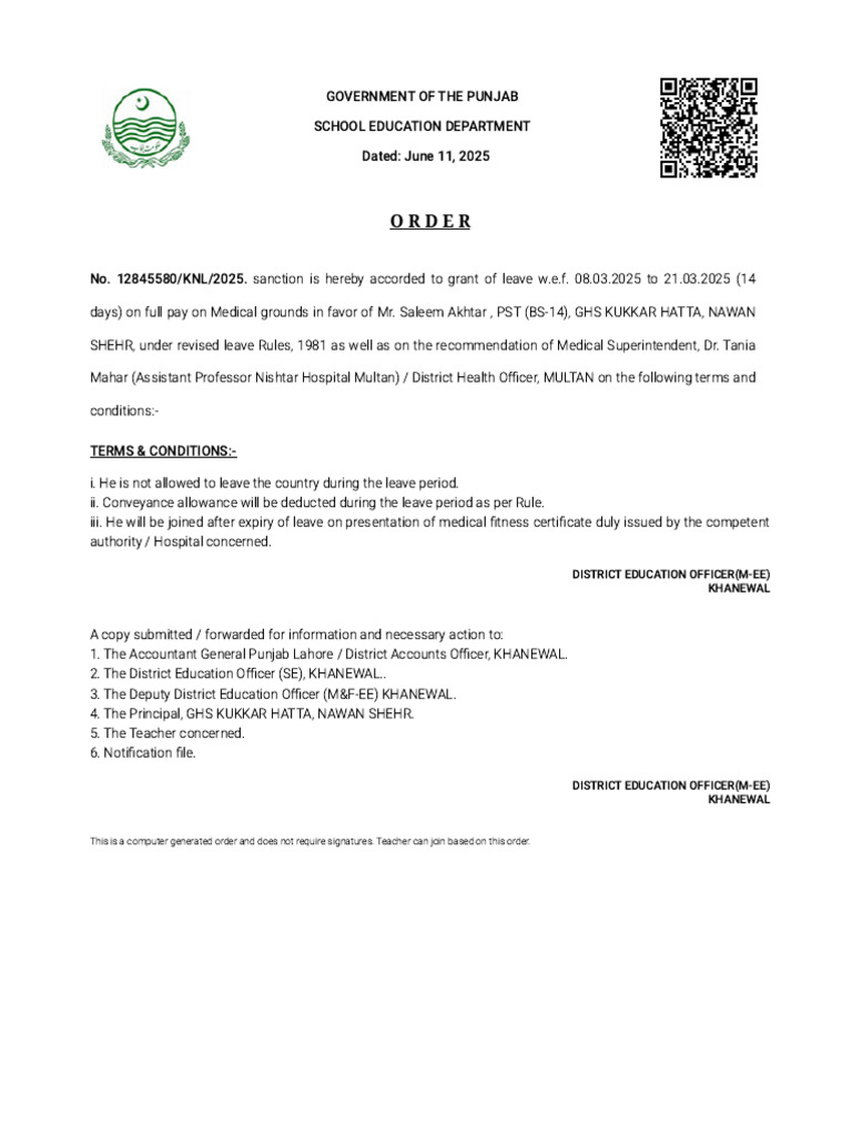 Leave Approval for Teacher in Punjab | PDF