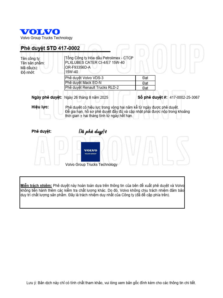 3.cater CI-4 E7 15W-40 Volvo VN | PDF