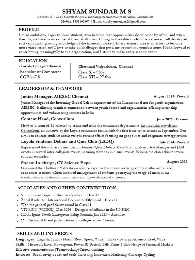 Shyam Sundar M S: Resume Overview | PDF | Business | Economies