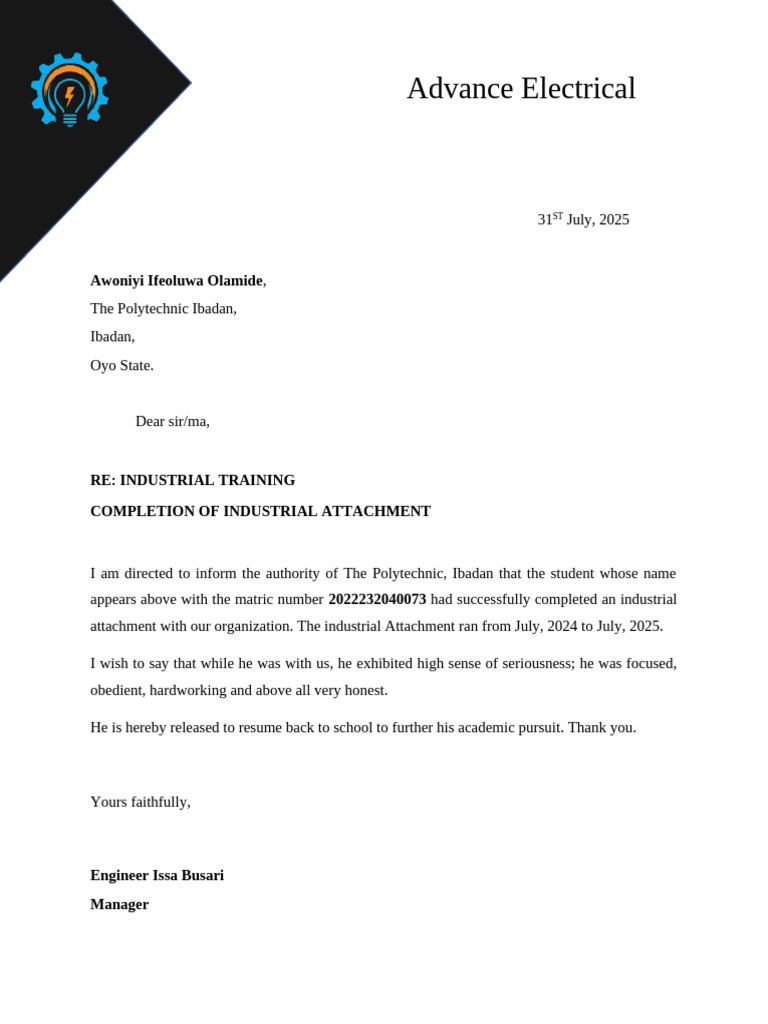 Industrial Training Completion Letter | PDF