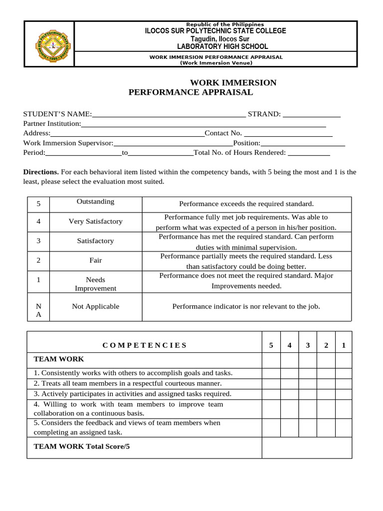 Work Immersion Performance Appraisal Form | PDF | Performance Appraisal ...