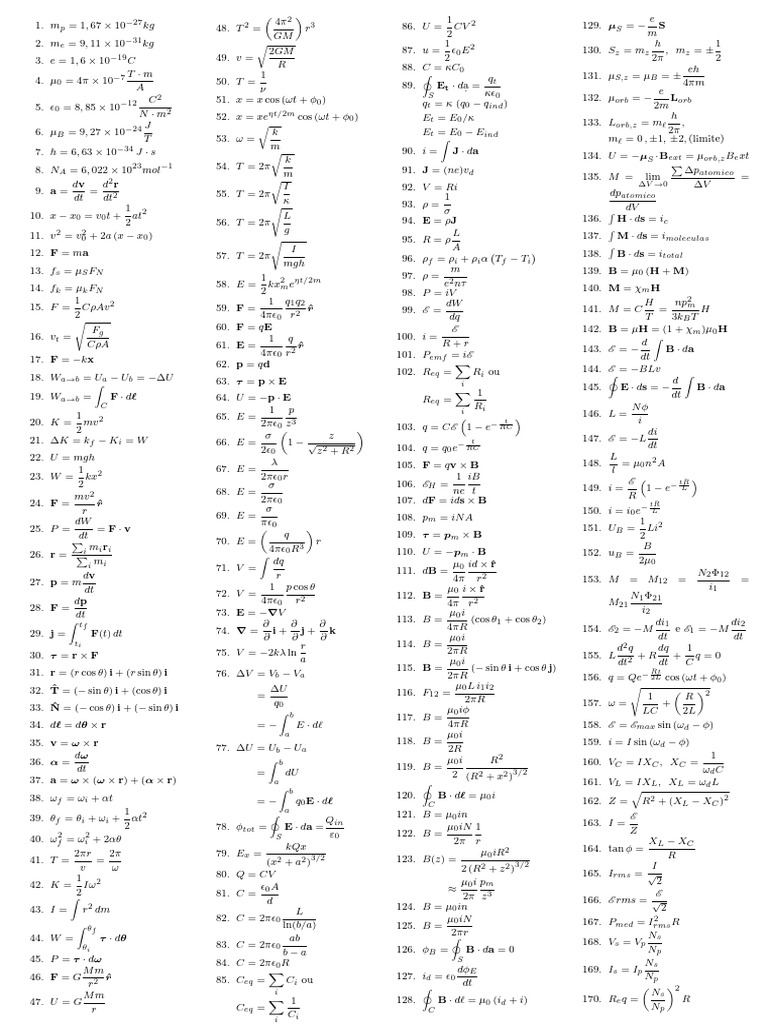 Physics Constants and Formulas Summary | PDF