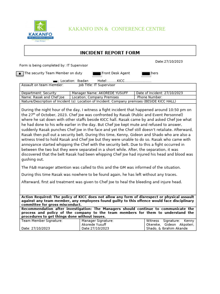 Incident Report: Workplace Fight | PDF | Crimes | Crime & Violence