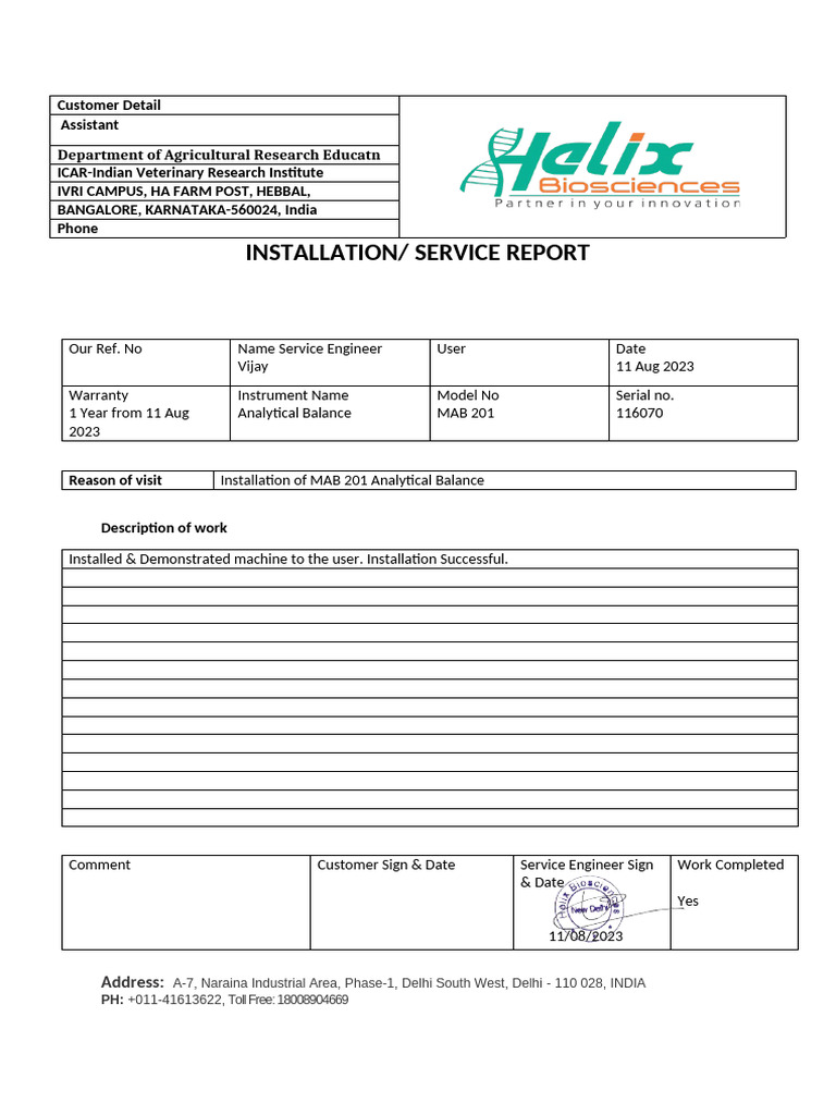 Analytical Balance Installation Report | PDF