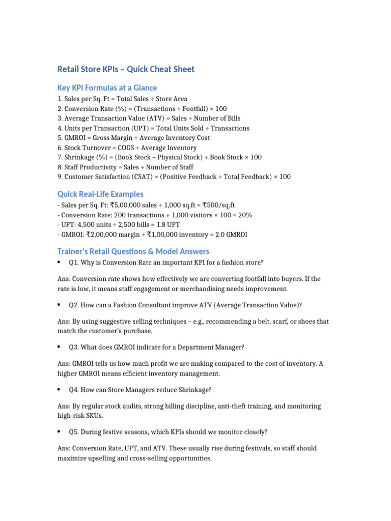Retail KPIs: Essential Formulas Guide | PDF