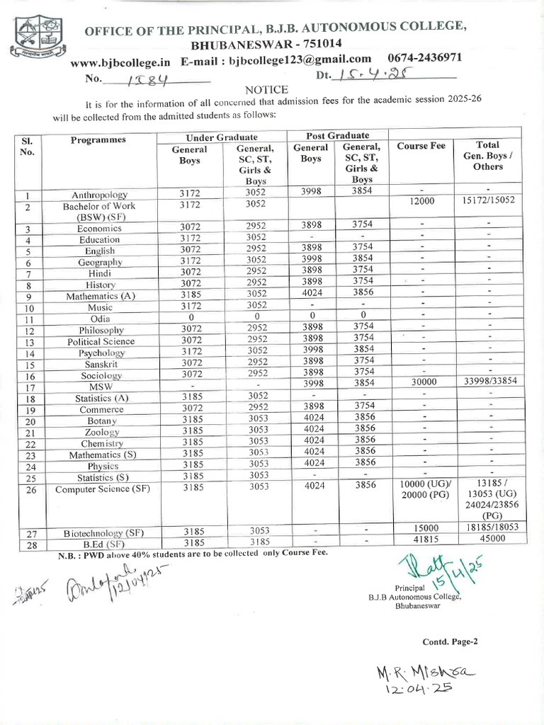 College Admission Fees 2025 2026 | PDF