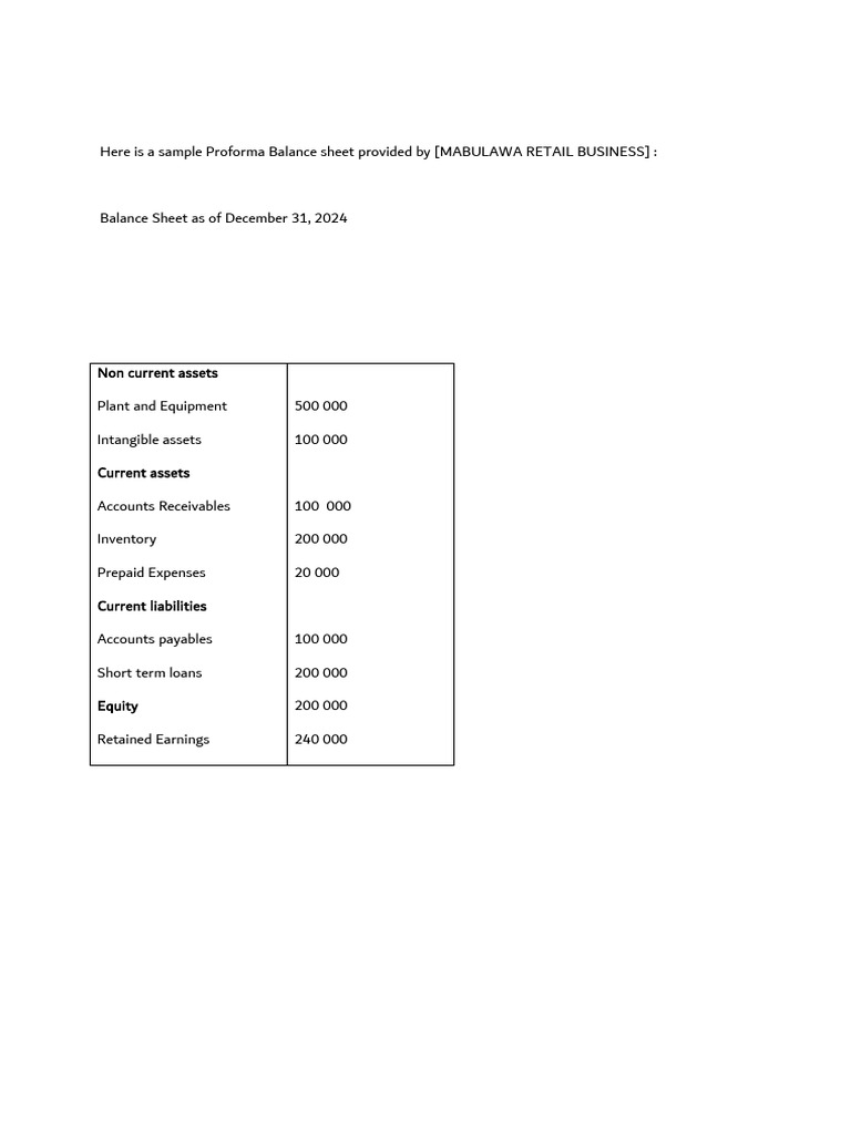 Proforma Balance Sheet Example 2024 | PDF