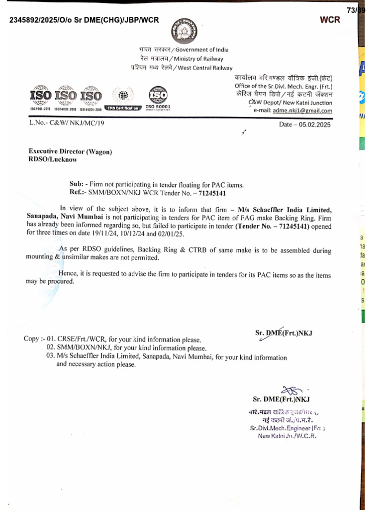 Letter To RDSO For Backing Ring | PDF
