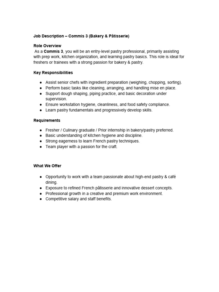 Commis 3 Job Description - Bakery & Pâtisserie | PDF