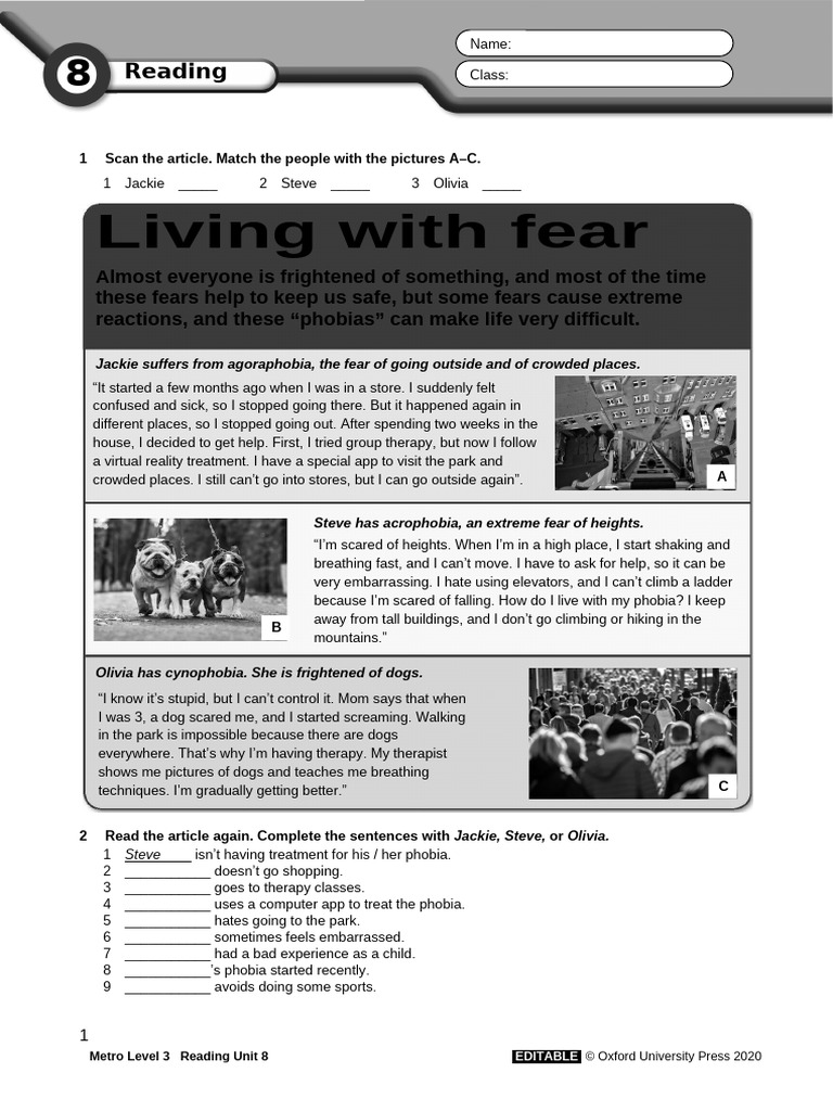 Metro Level 3 Reading Worksheets | PDF | Phobia | Abnormal Psychology