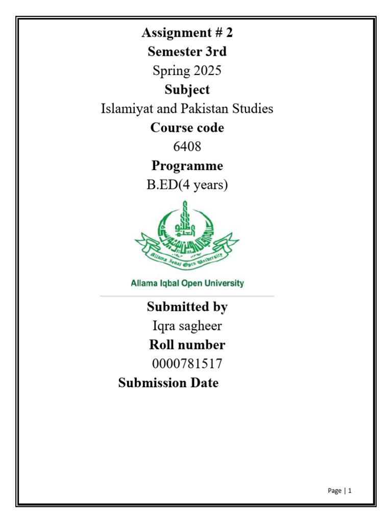 6408 Islamiyat and Pakistan Studies Assignment # 2 | PDF