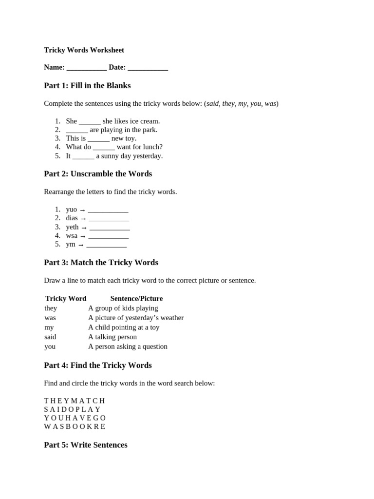 Tricky Words Worksheet | PDF