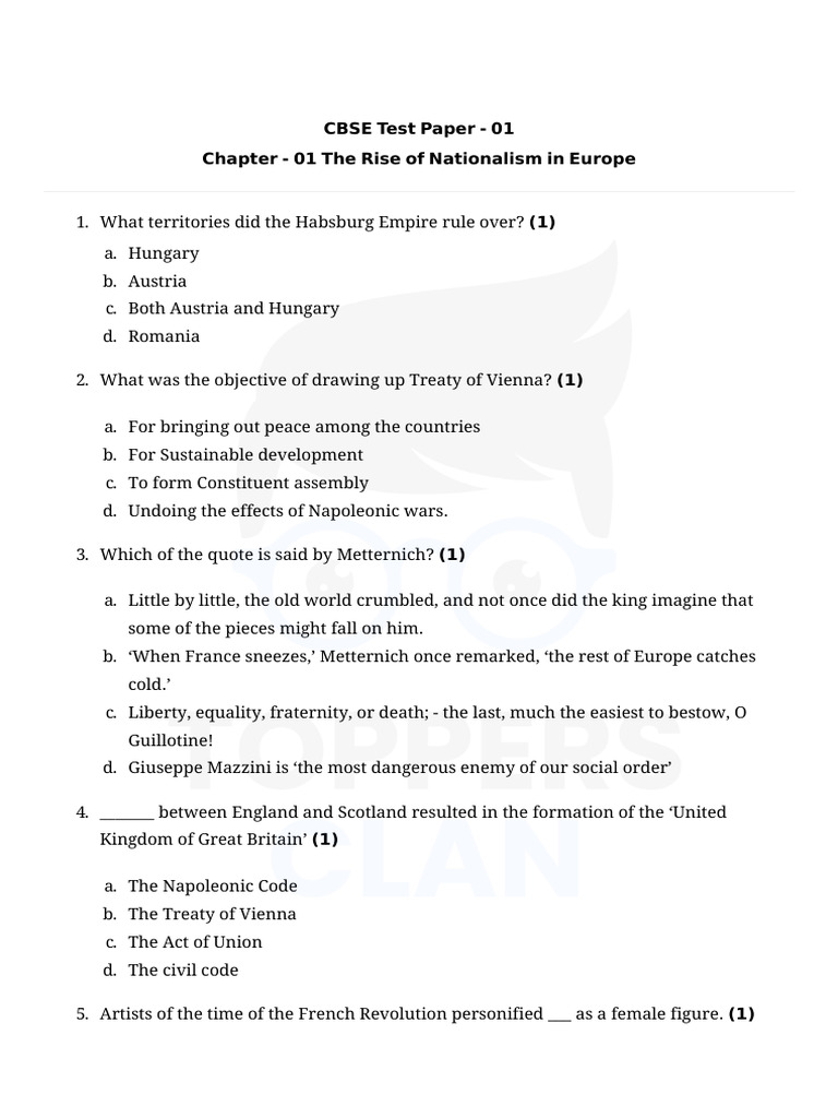 Cbse Test Paper - 01 - 01 The Rise of Nationalism in Europe | PDF ...