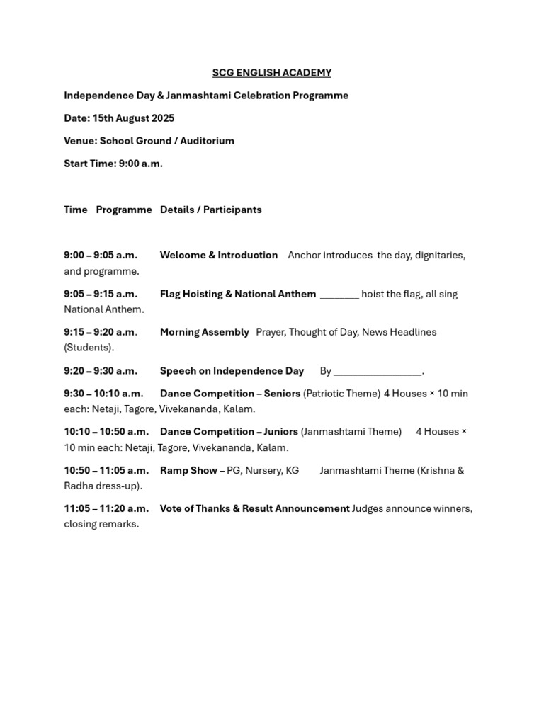 Program Schedule For 15th August | PDF