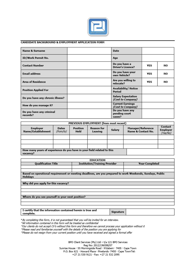 Candidate Employment Application Form | PDF