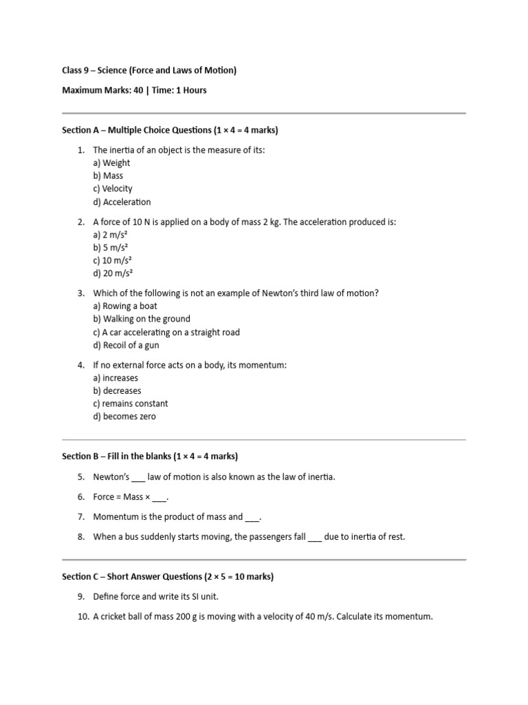 Class 9 Science: Force & Motion Quiz | PDF | Force | Momentum