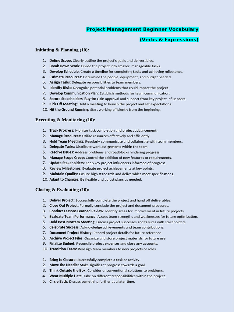 Project Management Vocabulary Guide | PDF | Project Management
