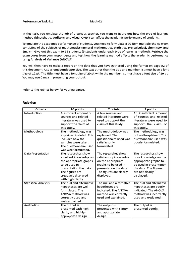 Performance Task 4.1 2024 2025 | PDF | Analysis Of Variance | Statistics