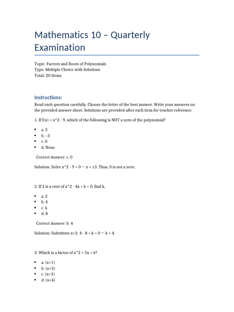 Polynomial Factors and Roots MCQ Exam | PDF | Discrete Mathematics ...